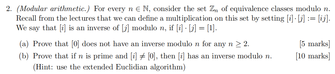 Solved 2. (Modular arithmetic.) For every n∈N, consider the | Chegg.com