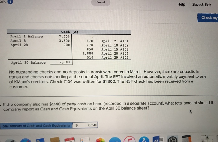ork Saved Help Save & Exit Check my Cash (A) April 1 | Chegg.com