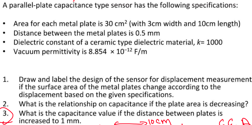 Solved A parallel-plate capacitance type sensor has the | Chegg.com