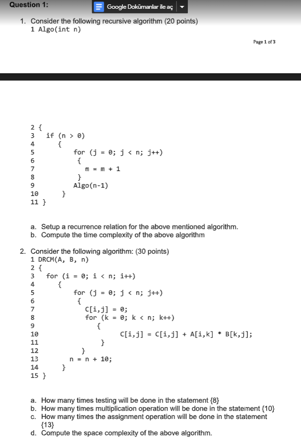 Solved Question 1: Google Dokümanlar ile aç 1. Consider the | Chegg.com