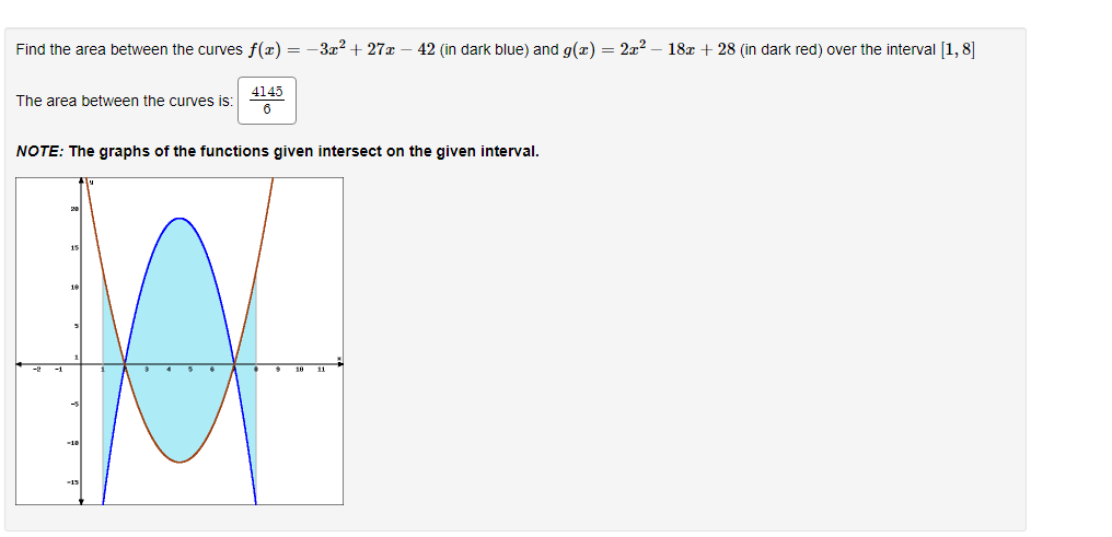 Solved Find the area between the curves f(x)=-3x2+27x-42 (in | Chegg.com