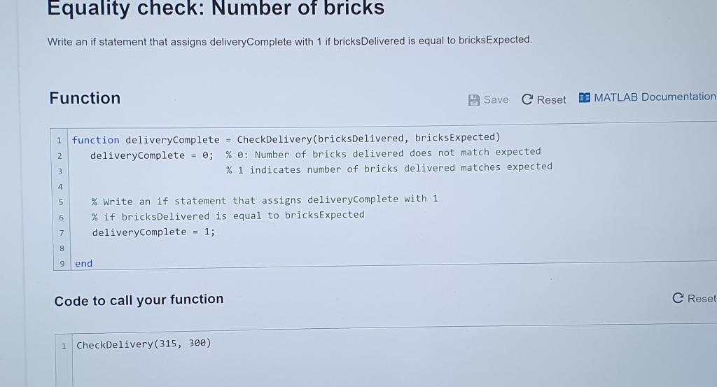 Solved Equality check: Number of bricks Write an if | Chegg.com