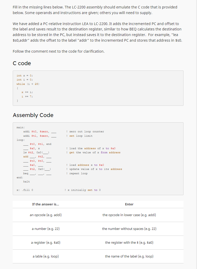 Solved Fill in the missing lines below. The LC-2200 assembly | Chegg.com