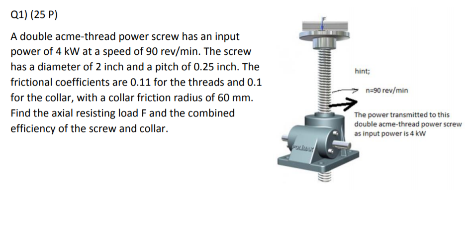 Solved Q1) (25 P) A double acme-thread power screw has an | Chegg.com
