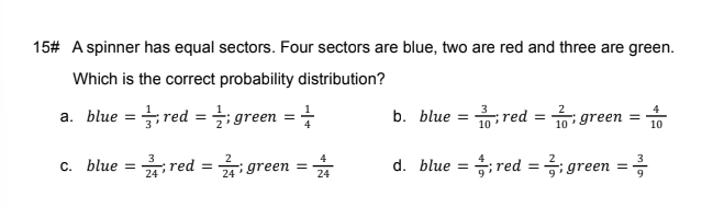 Solved 15\# A spinner has equal sectors. Four sectors are | Chegg.com