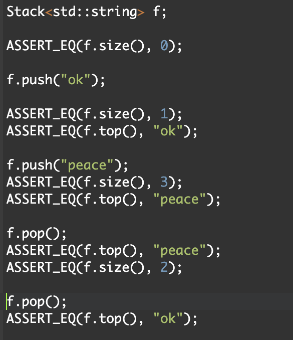 Solved Stack int> f; ASSERT_EQ(f.size(), 0); f.push(2); | Chegg.com