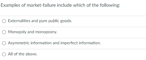 Solved Examples of market-failure include which of the | Chegg.com
