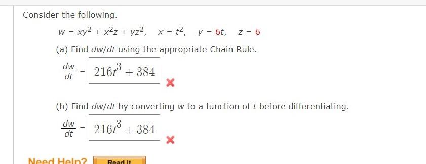 Solved Consider the following. w = xy2 + x2z + yz2, X = 2, x | Chegg.com