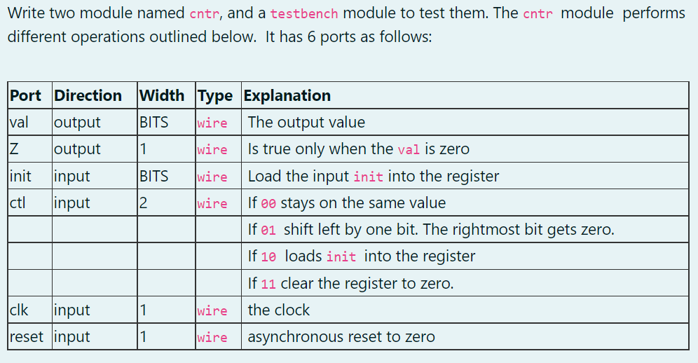 Write two module named cntr, and a testbench module | Chegg.com
