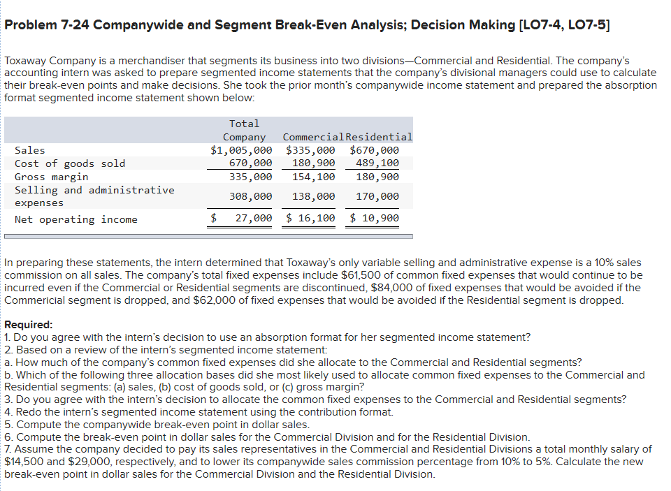 Solved Problem 7-24 Companywide and Segment Break-Even | Chegg.com