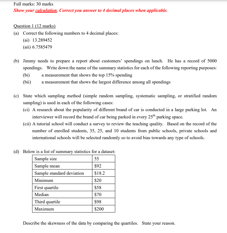 Solved Full marks: 30 marks Show your calculation. Correct | Chegg.com