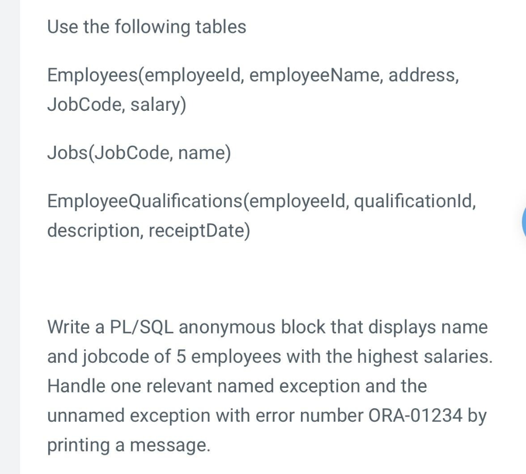 Solved Use the following tables Employees(employeeld, | Chegg.com