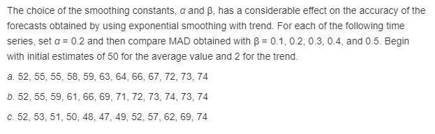 Solved The choice of the smoothing constants, a and B, has a | Chegg.com