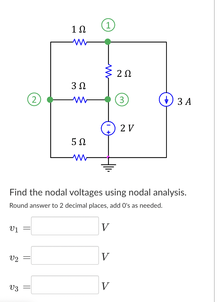 Solved Find the nodal voltages using nodal analysis. Round | Chegg.com