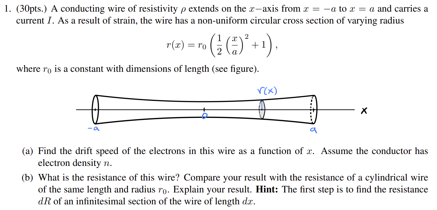 Solved 1. (30pts.) A conducting wire of resistivity ρ | Chegg.com