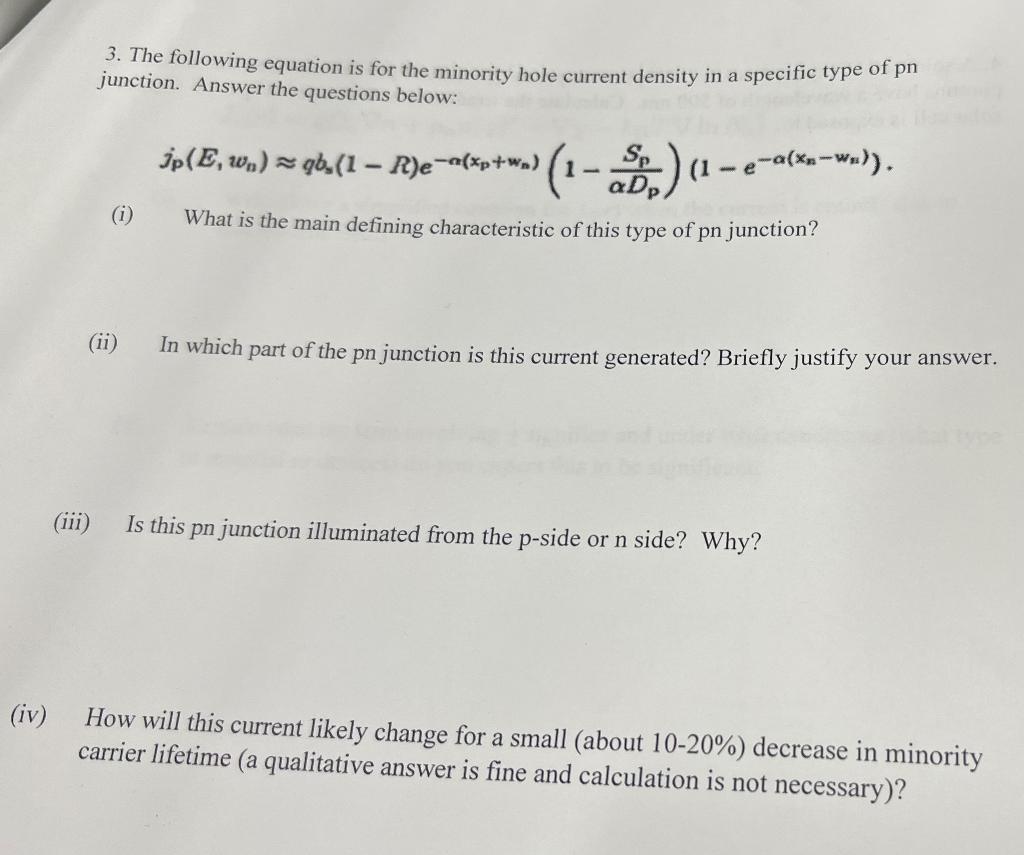 Solved 3. The following equation is for the minority hole | Chegg.com