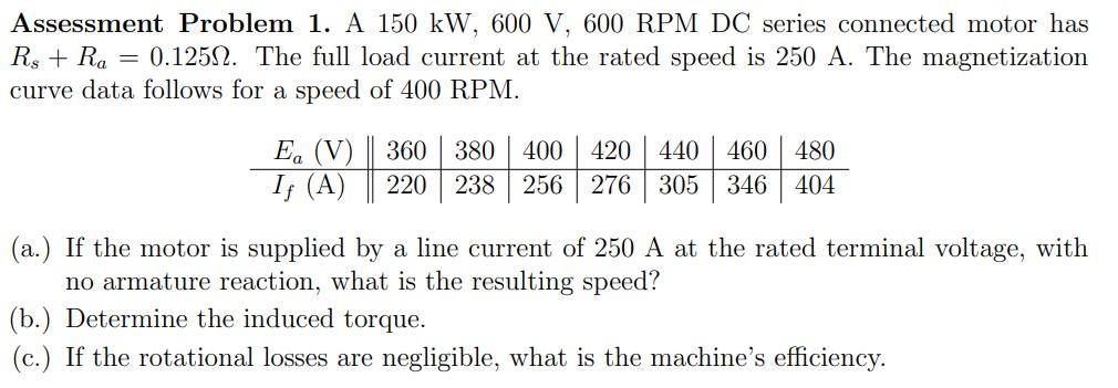 Solved Assessment Problem 1. A 150 kW,600 V,600RPM DC series | Chegg.com