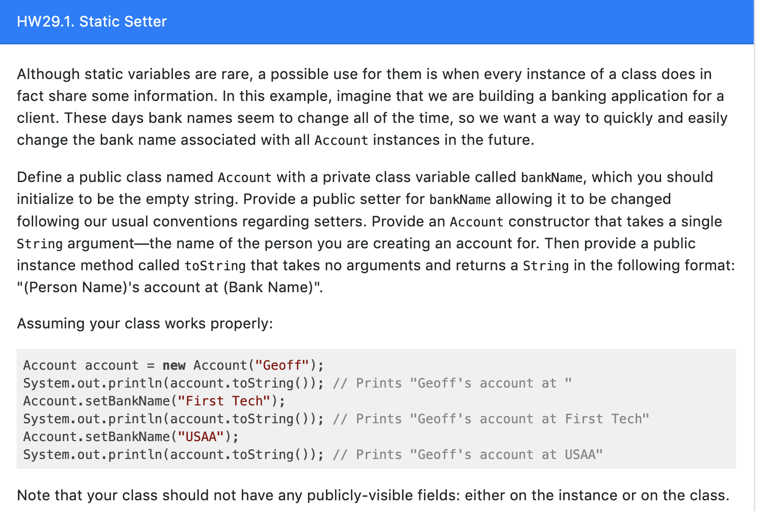 Solved HW29.1. Static Setter Although static variables are | Chegg.com
