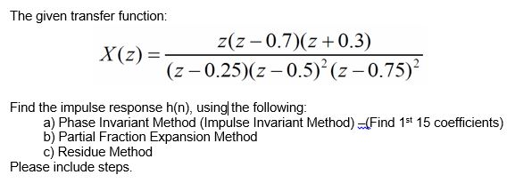 Solved Find The Impulse Response H N Of The Given Transfer