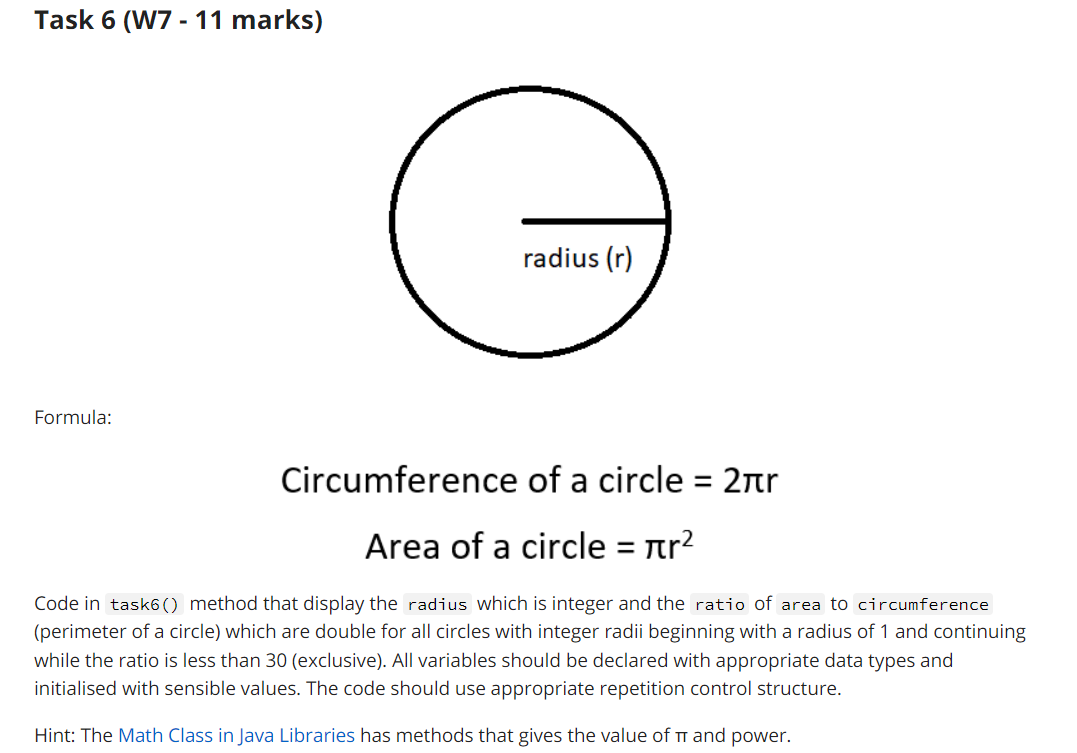 Solved Task 6 (W7 - 11 marks) radius (r) Formula: | Chegg.com