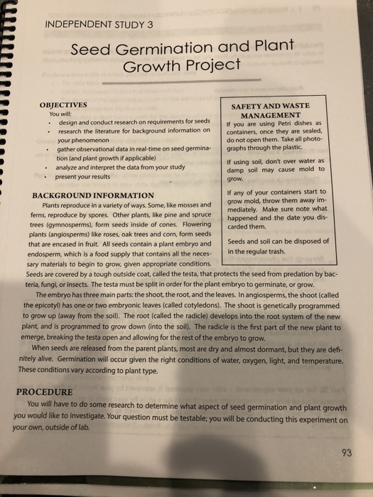 Solved INDEPENDENT STUDY 3 Seed Germination and Plant Growth | Chegg.com