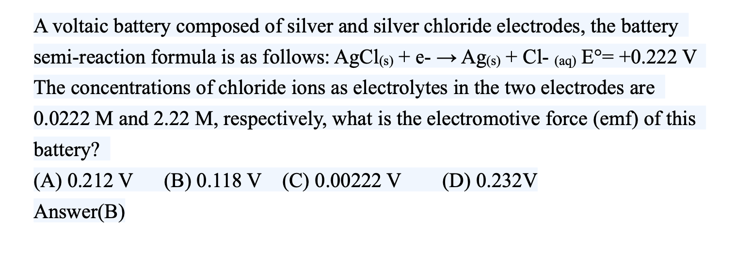 Solved A voltaic battery composed of silver and silver | Chegg.com
