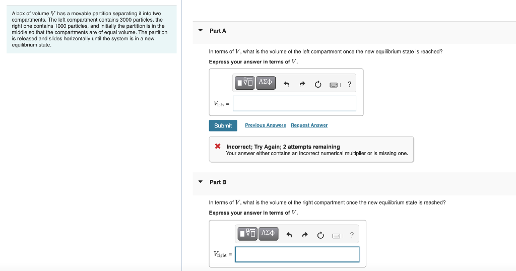 Solved A box of volume V has a movable partition separating | Chegg.com