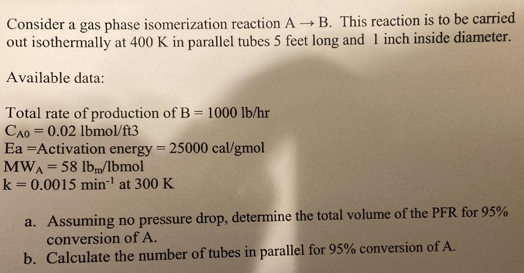 Solved Consider a gas phase isomerization reaction A→B. This | Chegg.com
