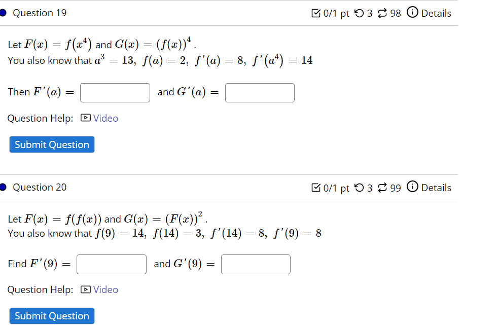 Solved Question 19 B0/1 pt 9398 Details Let F(x) = f(x4) and | Chegg.com Solved Question 19 B0/1 pt 9398 Details Let F(x) = f(x4) and | Chegg.com