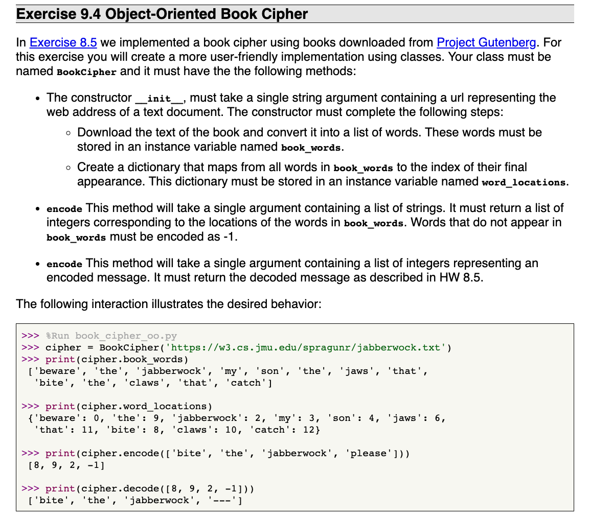 Solved Exercise 9.4 Object-Oriented Book Cipher In Exercise | Chegg.com
