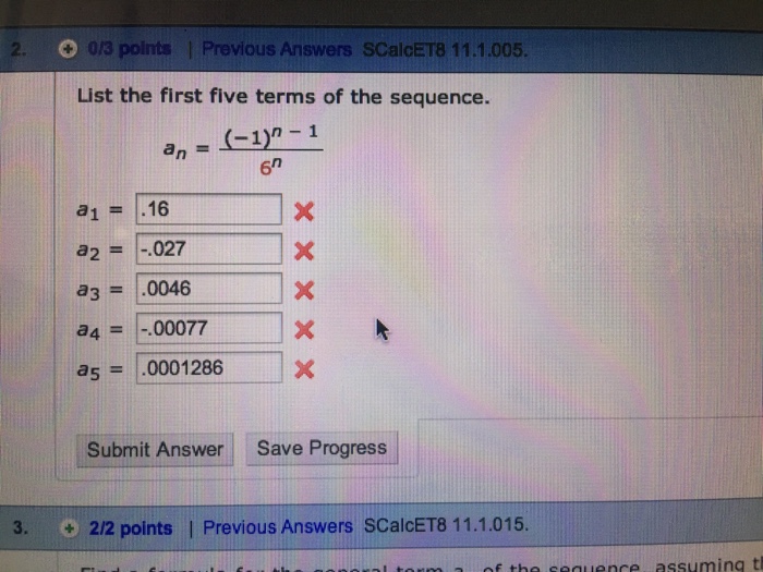 Solved 2.0/3 polnts I Previous Answers SCalcET8 11.1.005. | Chegg.com