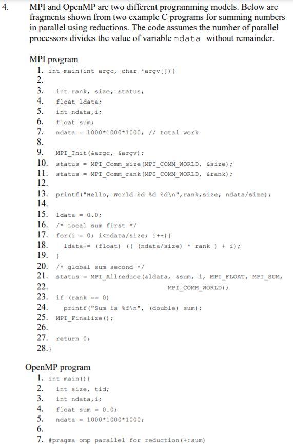 Solved 4. MPI and OpenMP are two different programming | Chegg.com