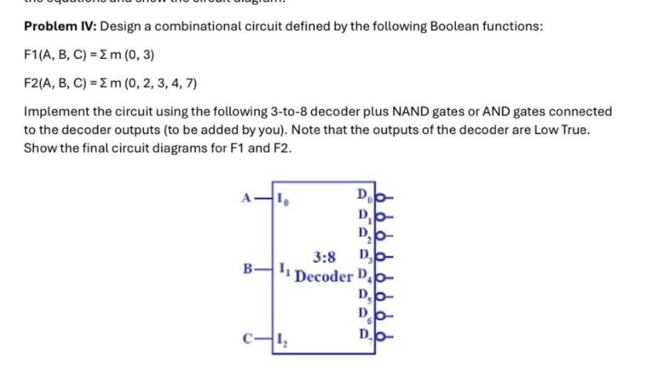 Solved Problem IV: Design a combinational circuit defined by | Chegg.com
