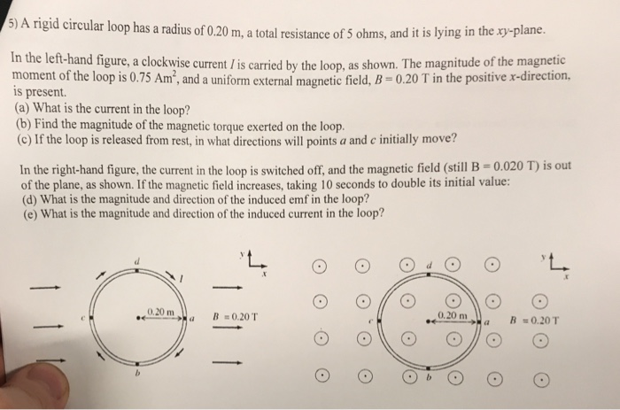 Solved 5) A rigid circular loop has a radius of 0.20 m, a | Chegg.com