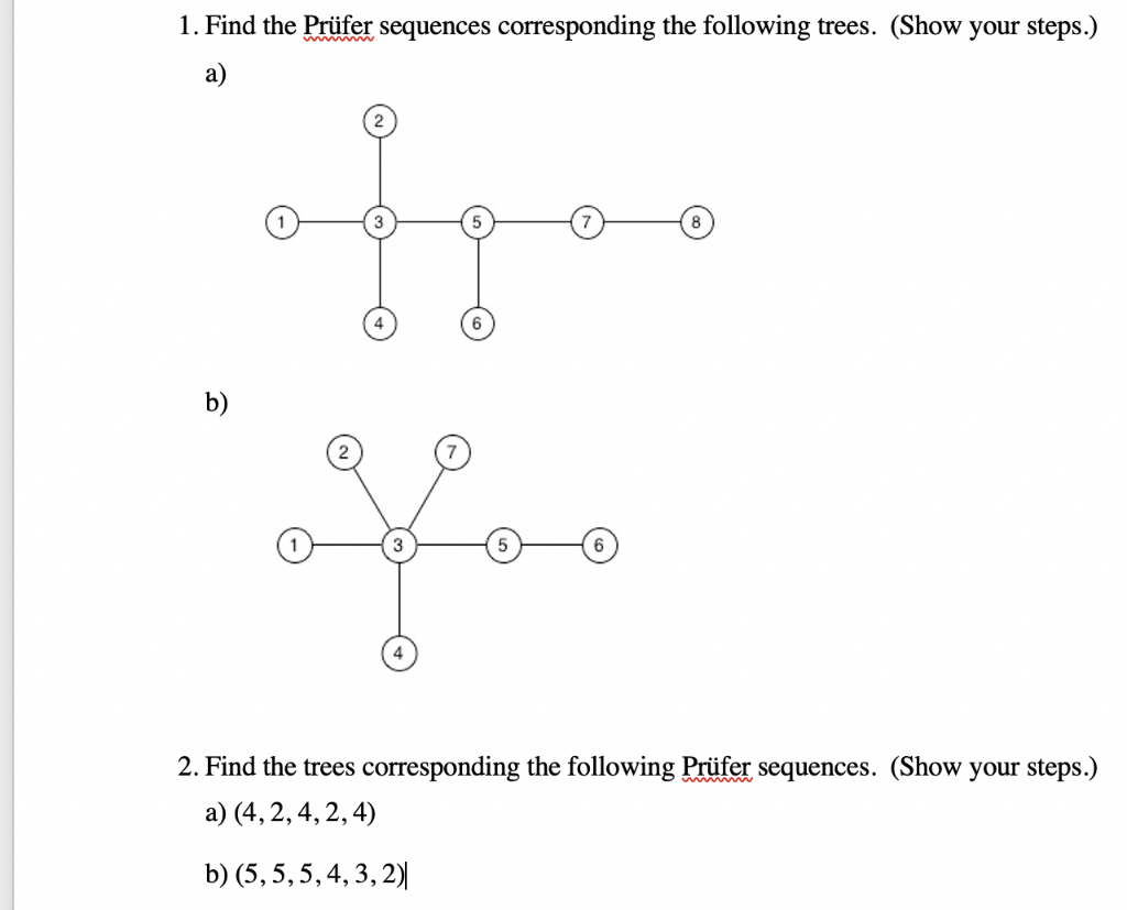 Solved 1. Find the Prüfer sequences corresponding the | Chegg.com