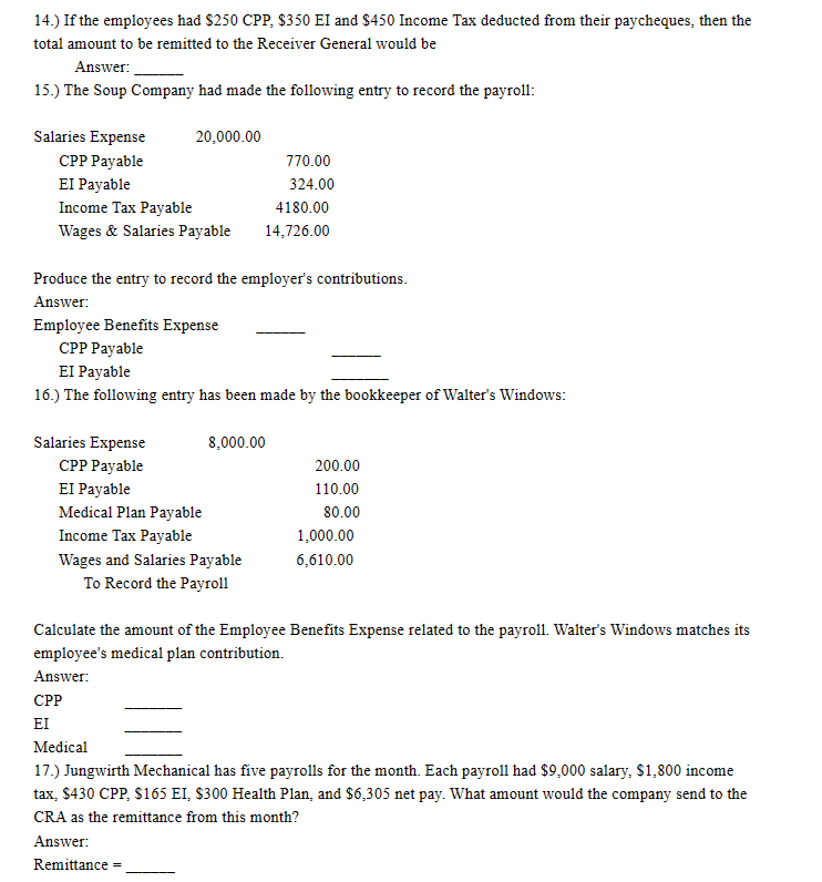Instructions 1.) The amount of EI to be deducted from | Chegg.com