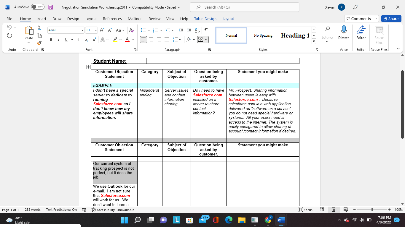 W AutoSave Off Negotiation Simulation Worksheet | Chegg.com