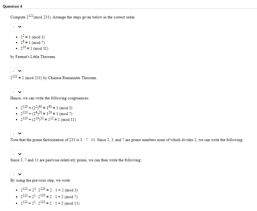 Solved Compute 2121(mod231). Arrange the steps given below | Chegg.com
