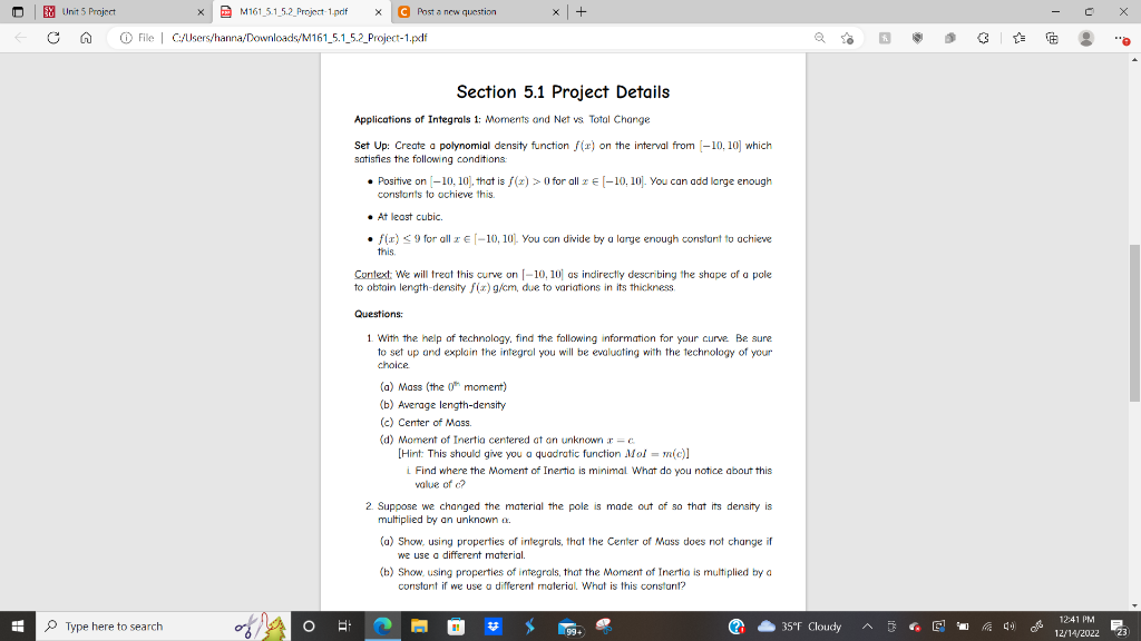 Applications of Integrals 1: Moments and Net vs. | Chegg.com