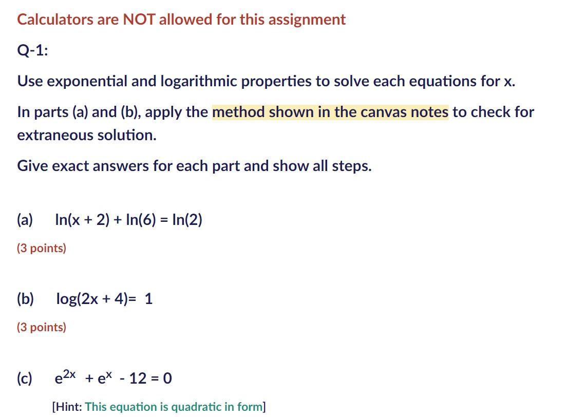 Solved Calculators are NOT allowed for this assignment Q-1: | Chegg.com