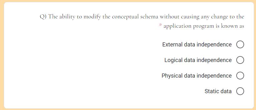 Solved Q) The ability to modify the conceptual schema | Chegg.com