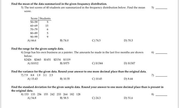Solved Find the mean of the data summarized in the given | Chegg.com
