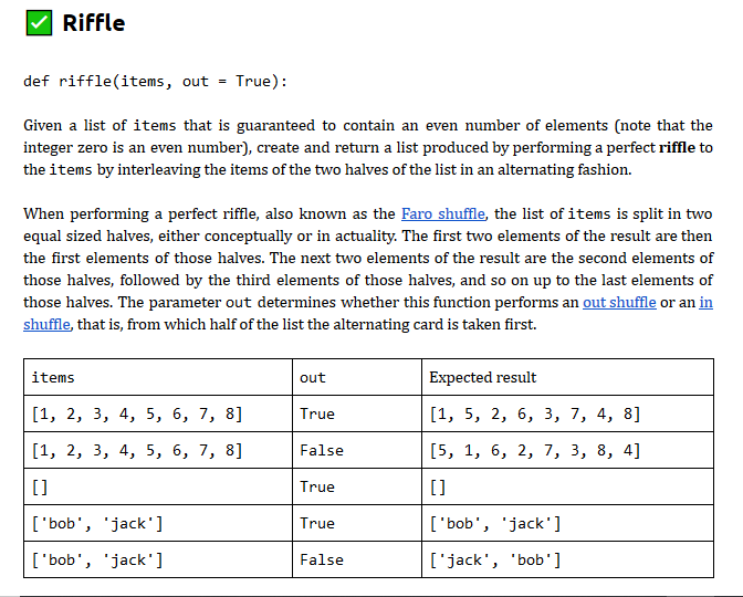 Solved V Riffle def riffle(items, out = True): Given a list | Chegg.com