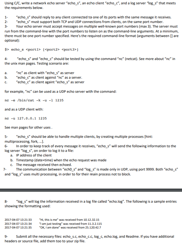 Using C/C, write a network echo server "echo_s", an | Chegg.com