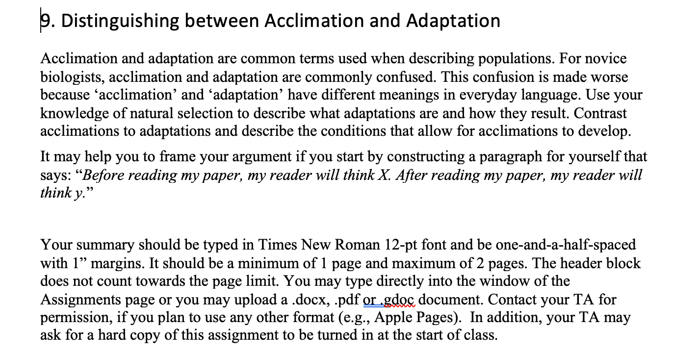 Solved 9. Distinguishing between Acclimation and Adaptation | Chegg.com