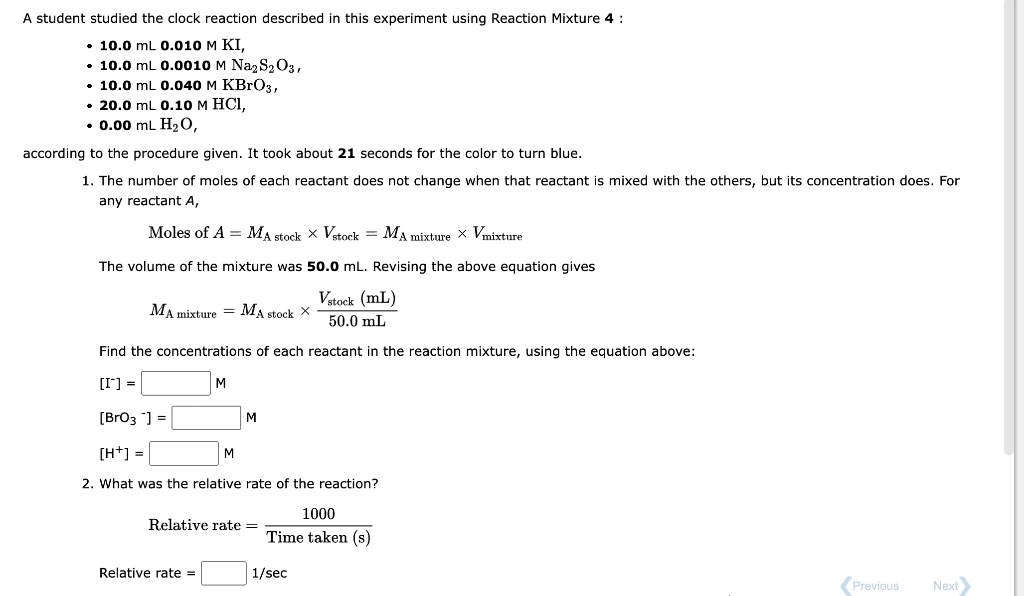 Solved A student studied the clock reaction described in | Chegg.com