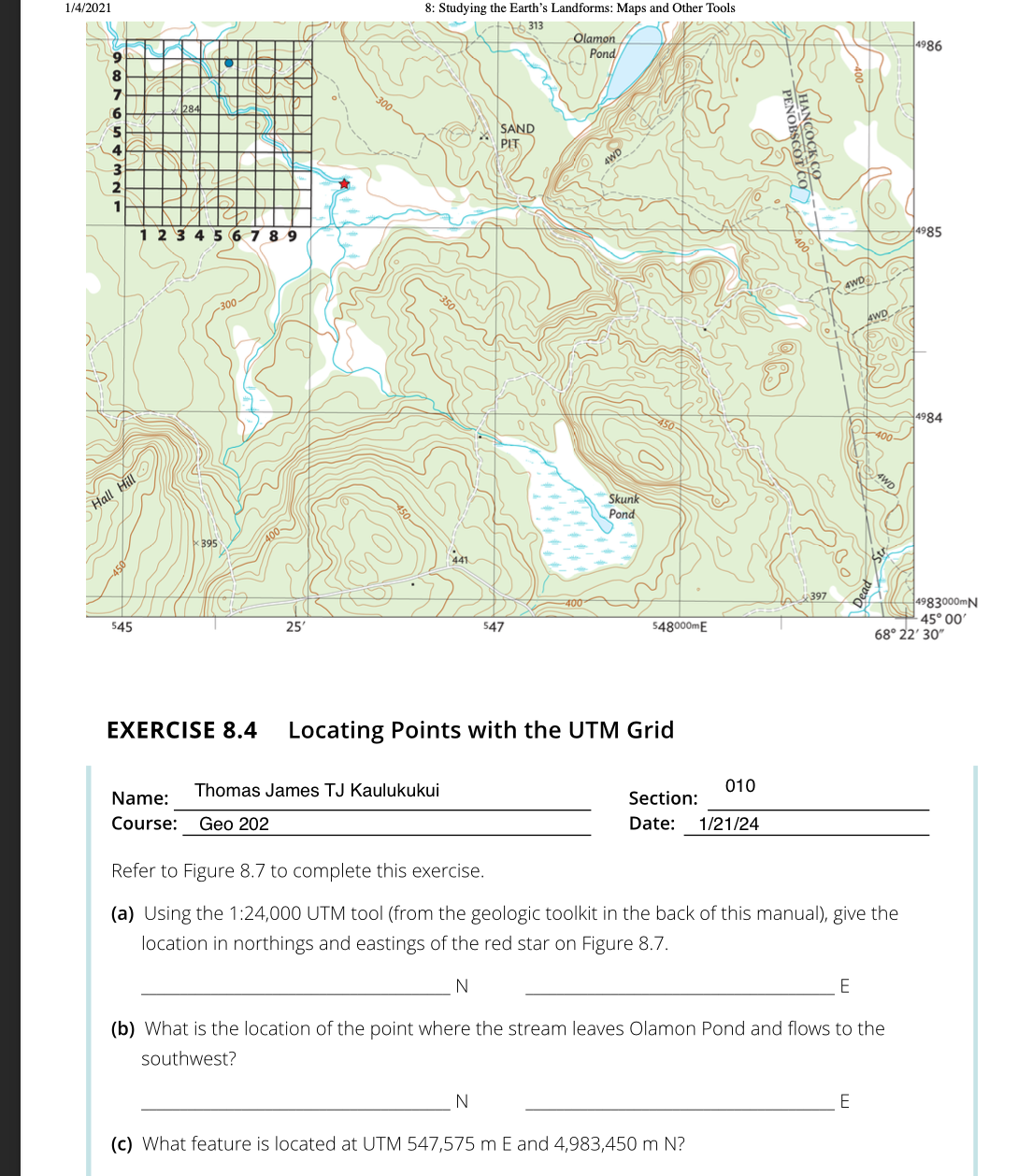 Solved EXERCISE 8.4 ﻿Locating Points with the UTM GridName: | Chegg.com