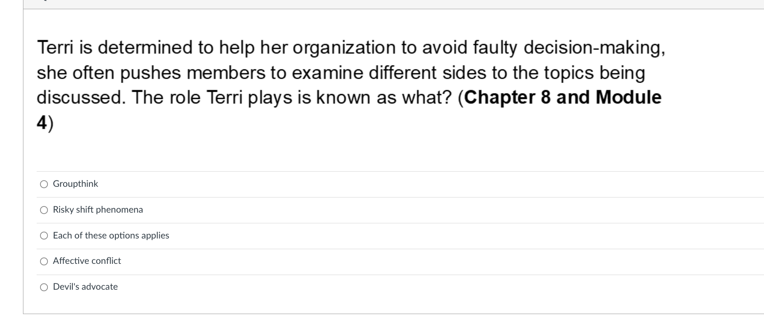 Solved Terri is determined to help her organization to avoid | Chegg.com
