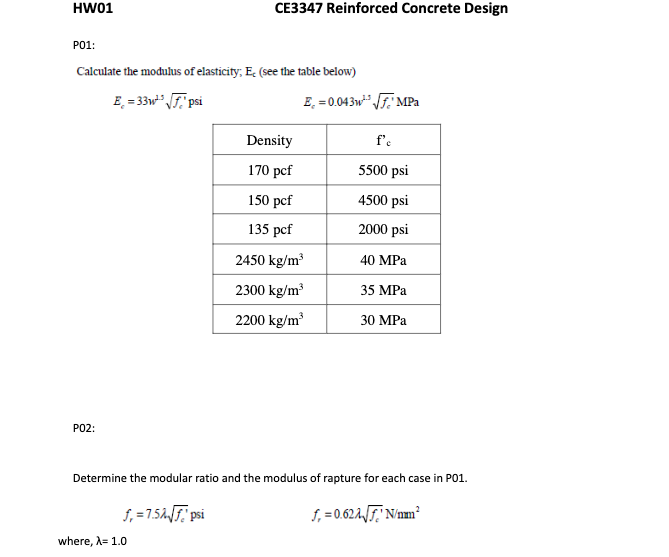 Solved HW01 CE3347 Reinforced Concrete Design P01: Calculate | Chegg.com