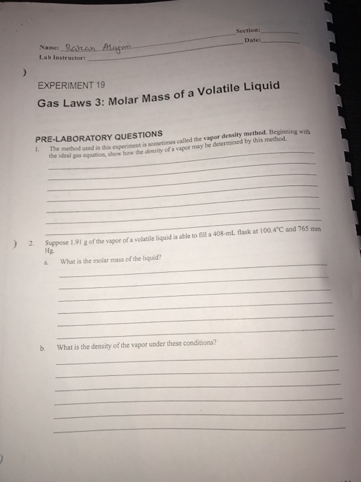 Solved Section Name: Raheen Lab Instructor: EXPERIMENT 19 of | Chegg.com